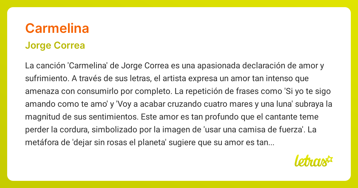 Significado de la canción CARMELINA (Jorge Correa) - LETRAS.COM