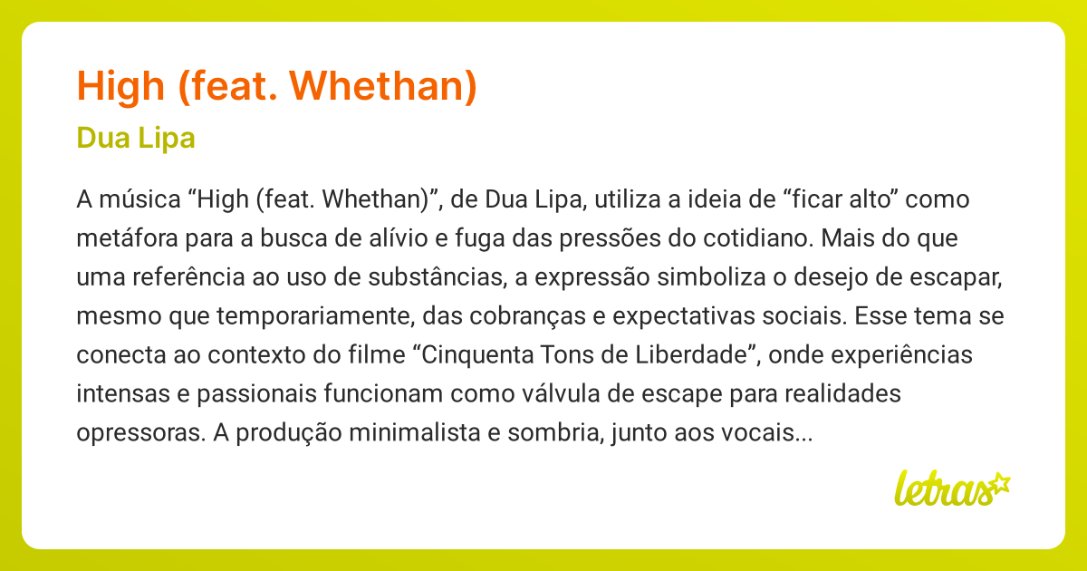 Significado da música HIGH (FEAT. WHETHAN) (Dua Lipa) - LETRAS.MUS.BR