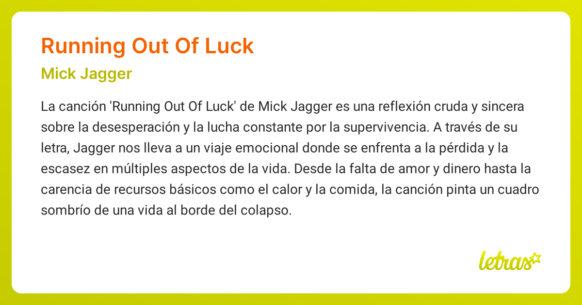 Significado de la canción RUNNING OUT OF LUCK (Mick Jagger) - LETRAS.COM