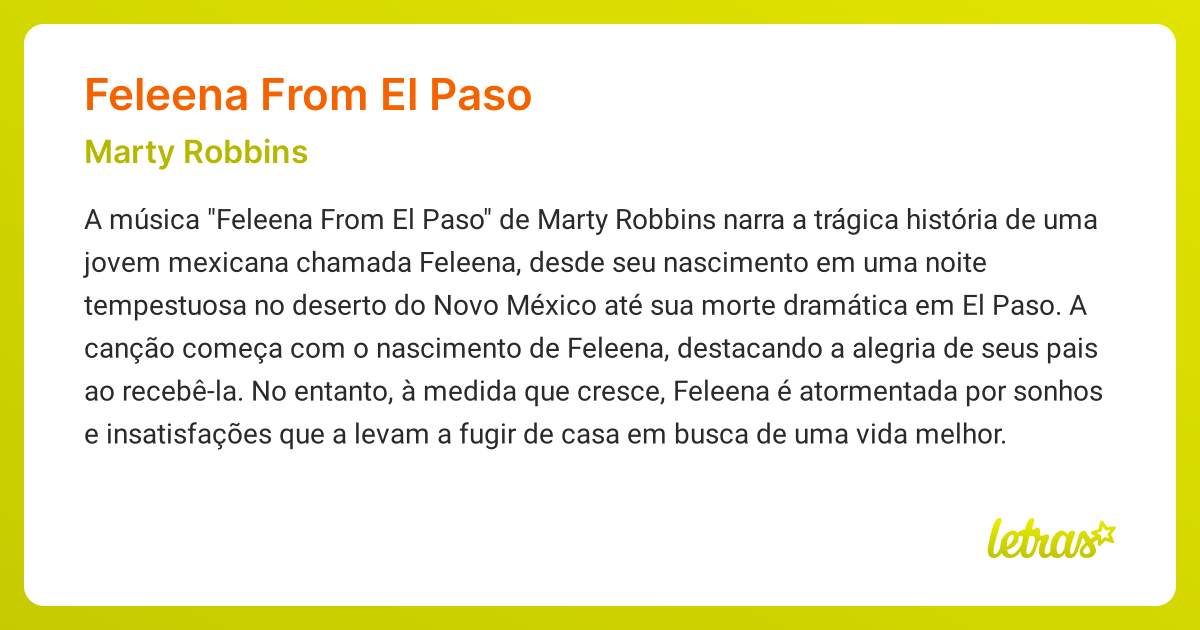 Significado da música FELEENA FROM EL PASO (Marty Robbins) - LETRAS.MUS.BR