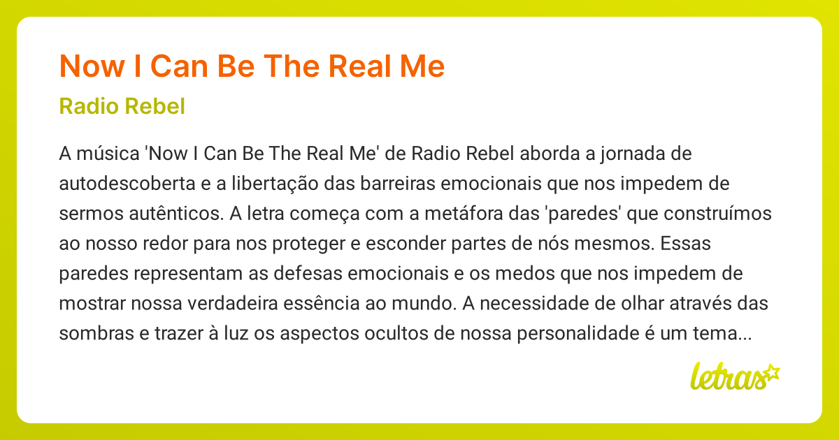 Significado da música NOW I CAN BE THE REAL ME (Radio Rebel) - LETRAS ...