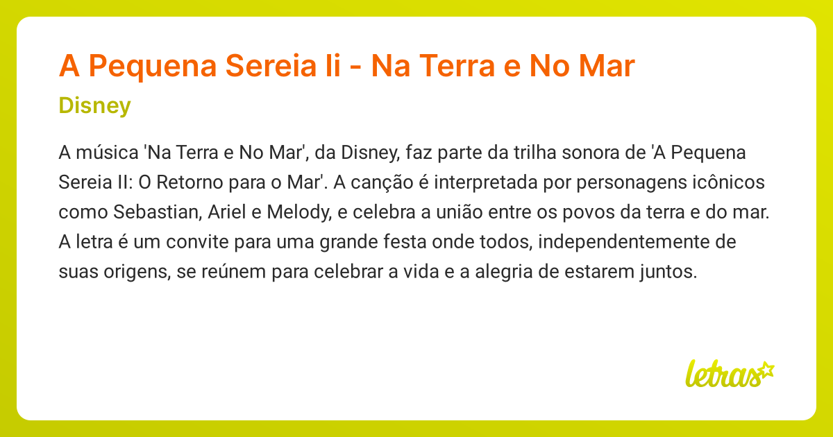 Significado da música A Pequena Sereia Ii - Na Terra e No Mar (Disney ...