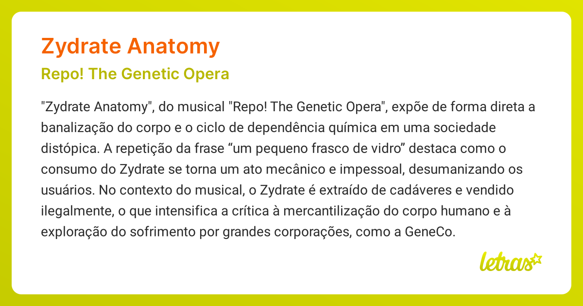Significado da música ZYDRATE ANATOMY (Repo! The Genetic Opera ...