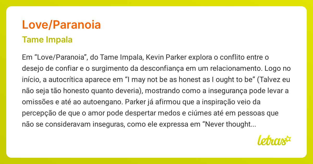 Significado da música LOVE/PARANOIA (Tame Impala) - LETRAS.MUS.BR