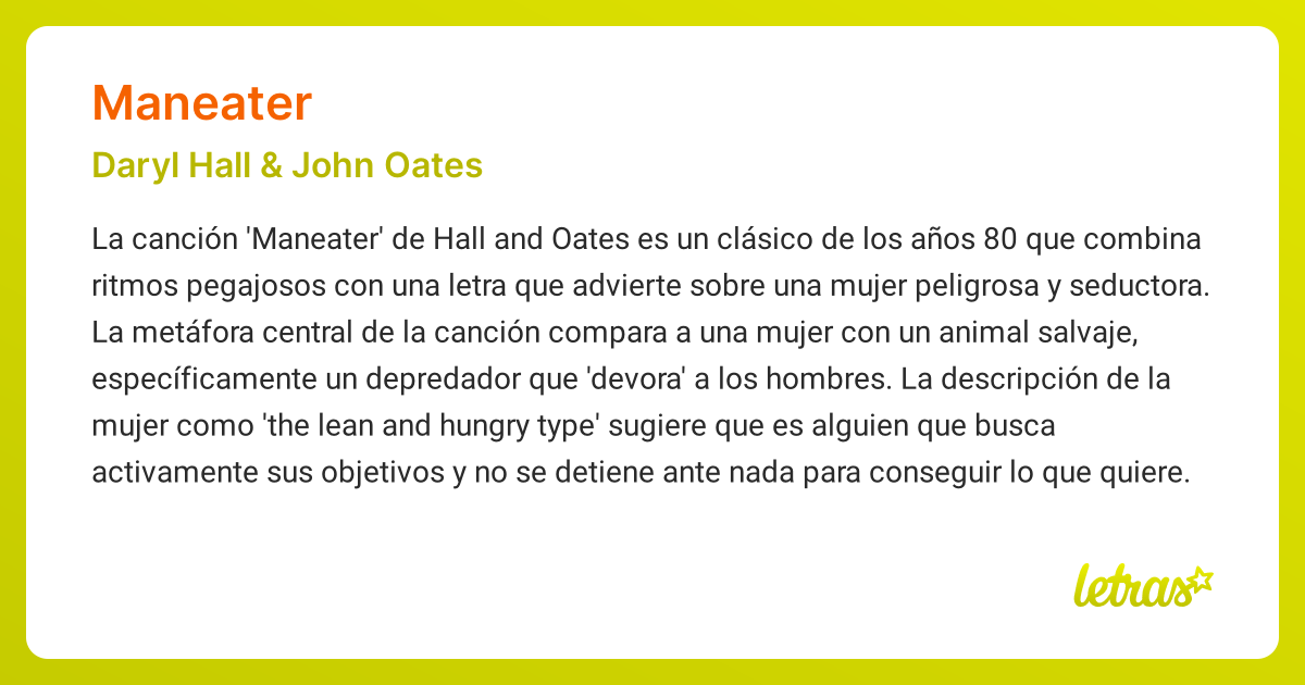 Significado de la canción MANEATER (Daryl Hall & John Oates) - LETRAS.COM