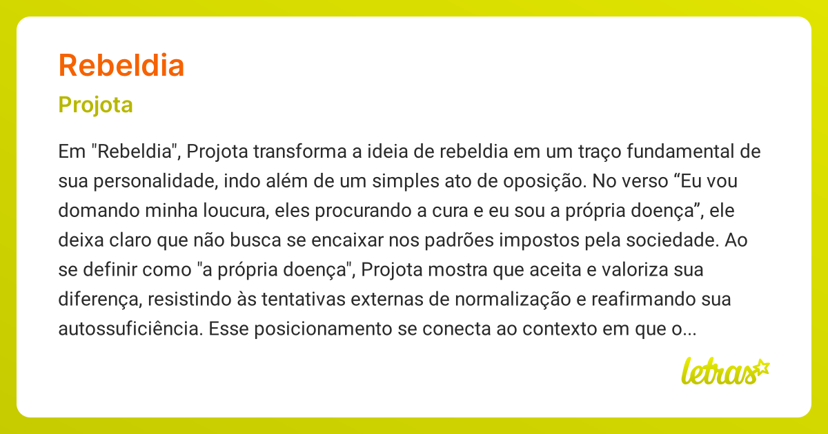 Significado da música REBELDIA (Projota) - LETRAS.MUS.BR
