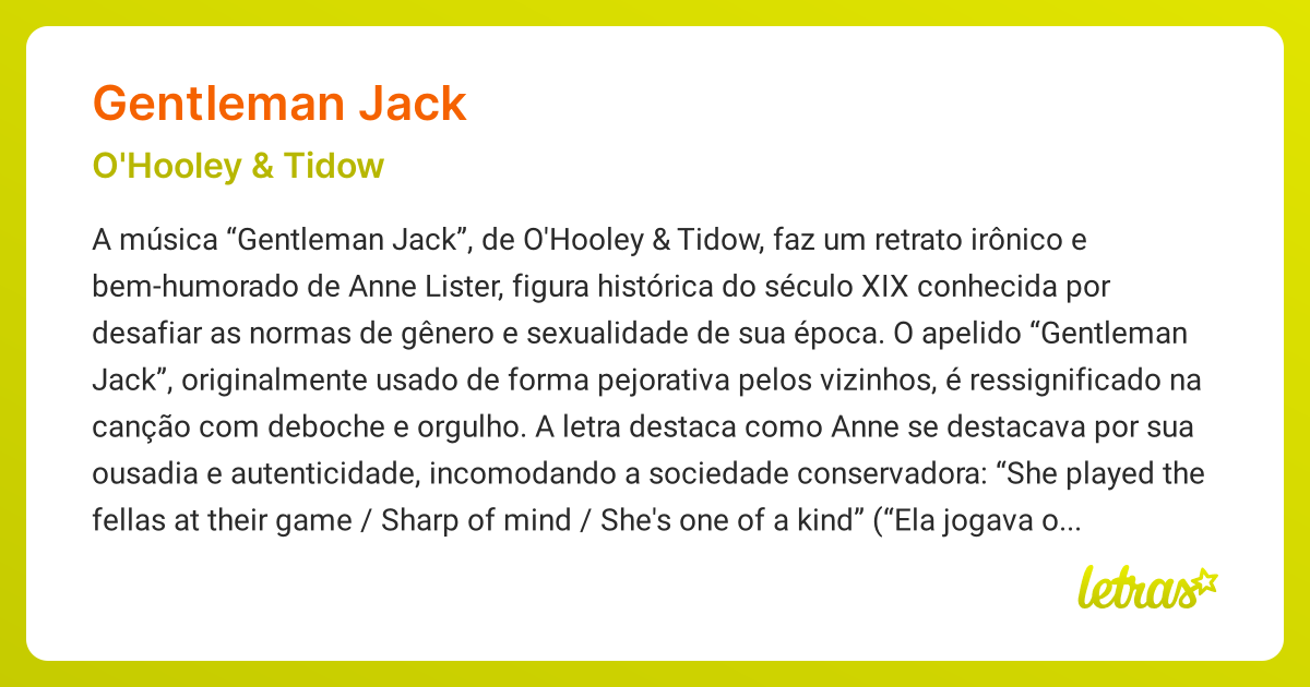 Significado da música GENTLEMAN JACK (O'Hooley & Tidow) - LETRAS.MUS.BR