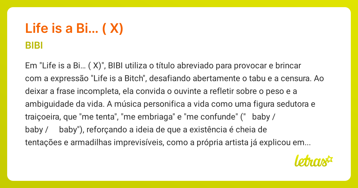 Significado da música Life is a Bi… (인생은 나쁜X) (BIBI) - LETRAS.MUS.BR
