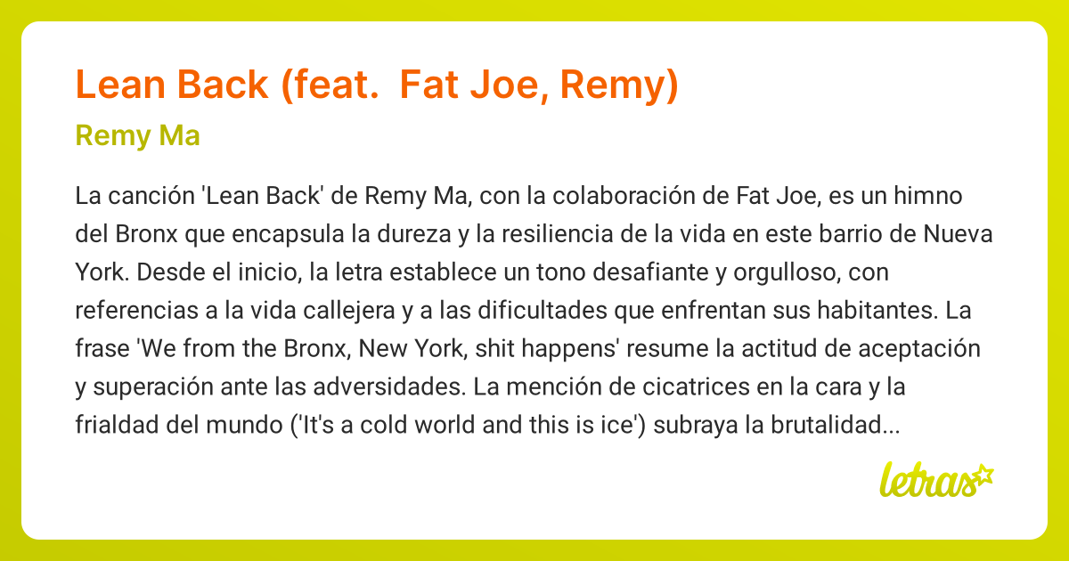 Significado de la canción Lean Back (feat. Fat Joe, Remy) (Remy Ma ...