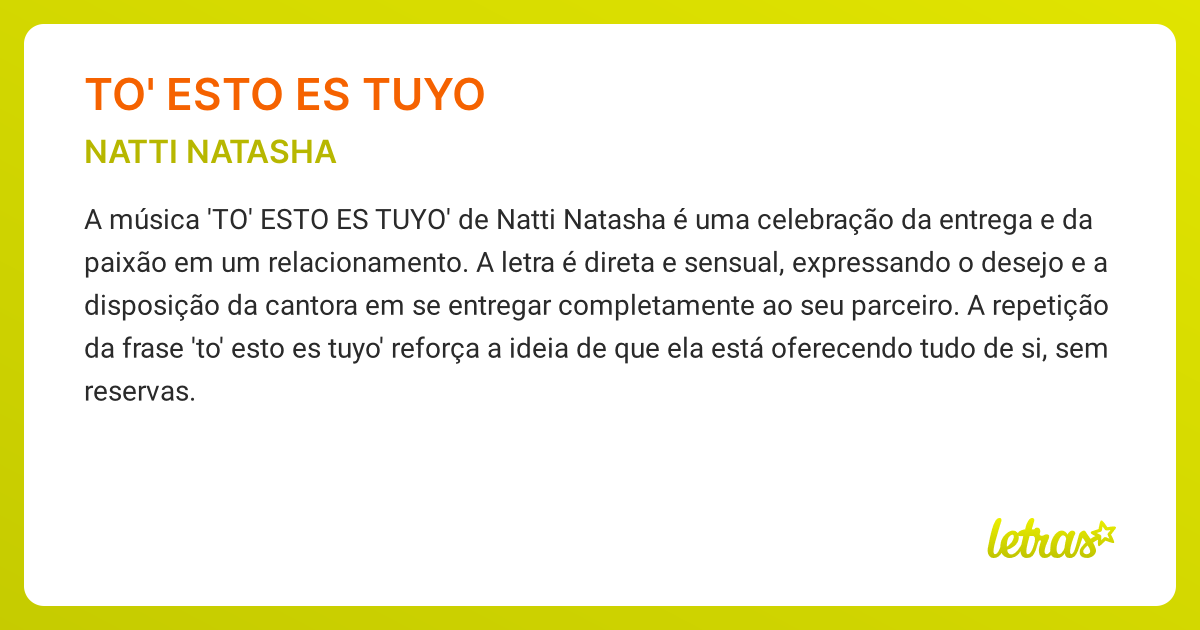 Significado da música TO' ESTO ES TUYO (NATTI NATASHA) - LETRAS.MUS.BR