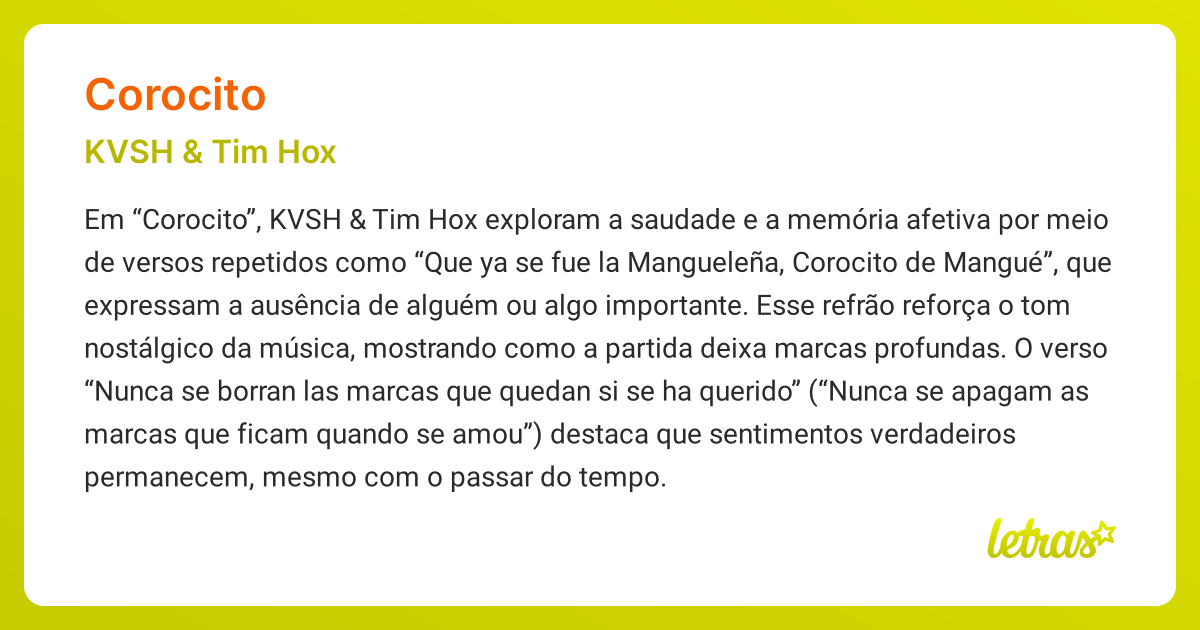 Significado da música COROCITO (KVSH & Tim Hox) - LETRAS.MUS.BR