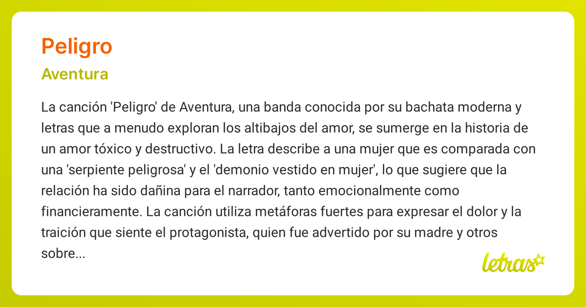 Significado de la canción PELIGRO (Aventura) - LETRAS.COM
