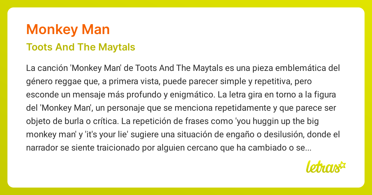 Significado de la canción MONKEY MAN (Toots And The Maytals) - LETRAS.COM