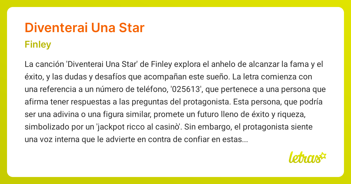 Significado de la canción DIVENTERAI UNA STAR (Finley) - LETRAS.COM