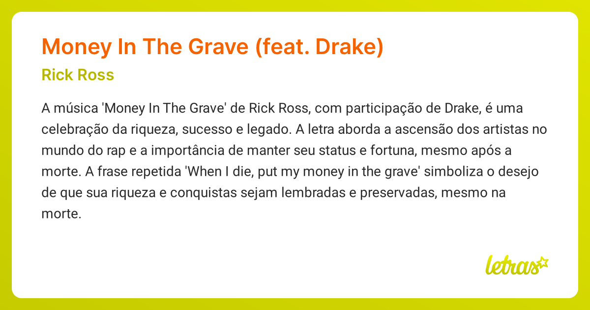 Significado da música Money In The Grave (feat. Drake) (Rick Ross ...
