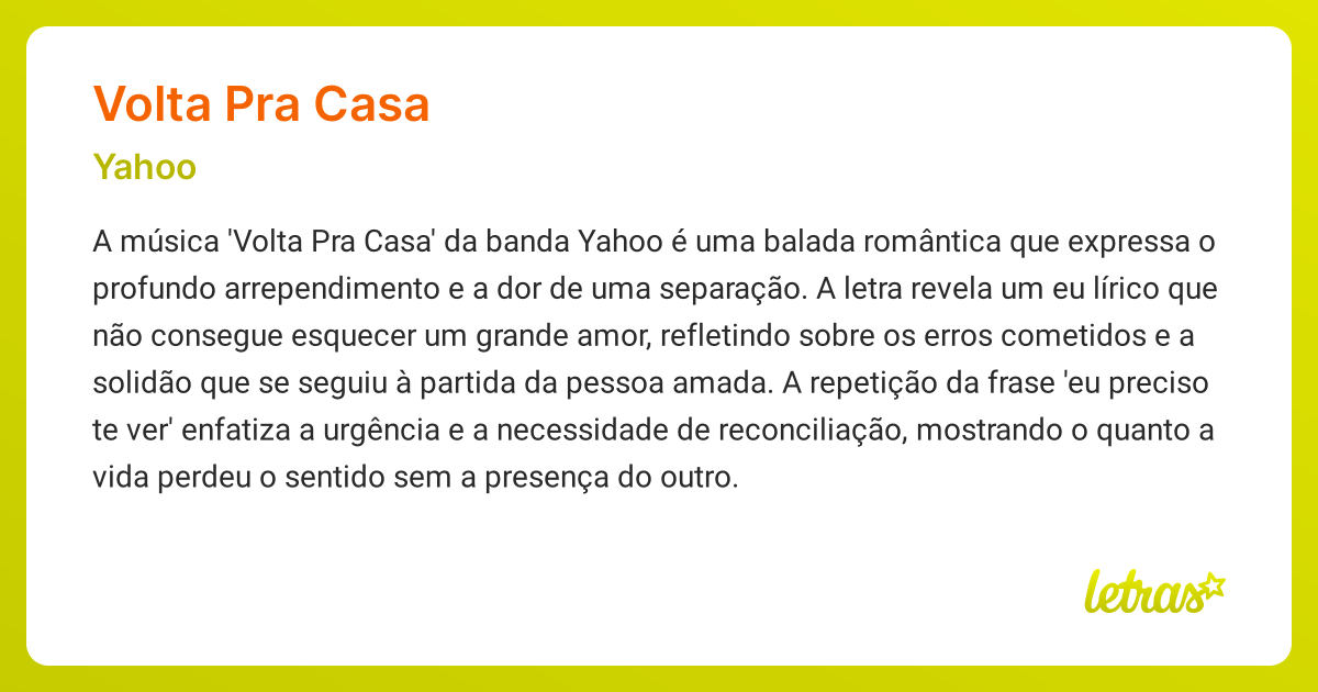 Significado da música VOLTA PRA CASA (Yahoo) - LETRAS.MUS.BR