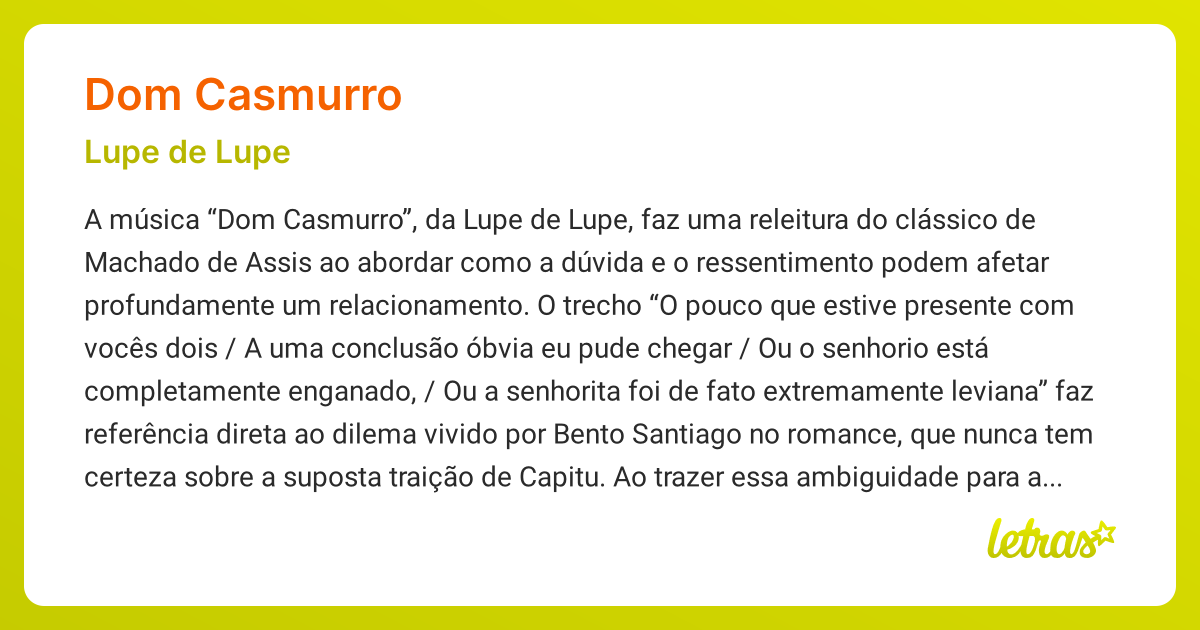 Significado da música DOM CASMURRO (Lupe de Lupe) - LETRAS.MUS.BR