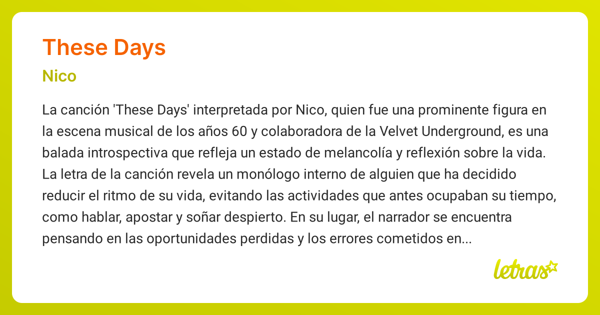 Significado de la canción THESE DAYS (Nico) - LETRAS.COM
