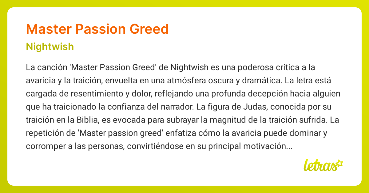 Significado de la canción MASTER PASSION GREED (Nightwish) - LETRAS.COM