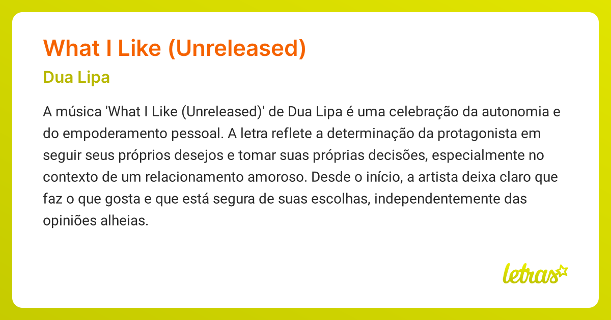Significado da música WHAT I LIKE (UNRELEASED) (Dua Lipa) - LETRAS.MUS.BR