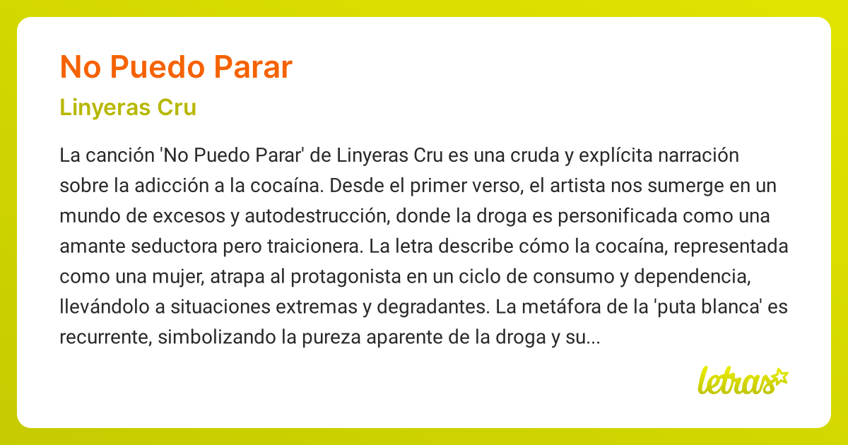 Significado de la canción NO PUEDO PARAR (Linyeras Cru) - LETRAS.COM