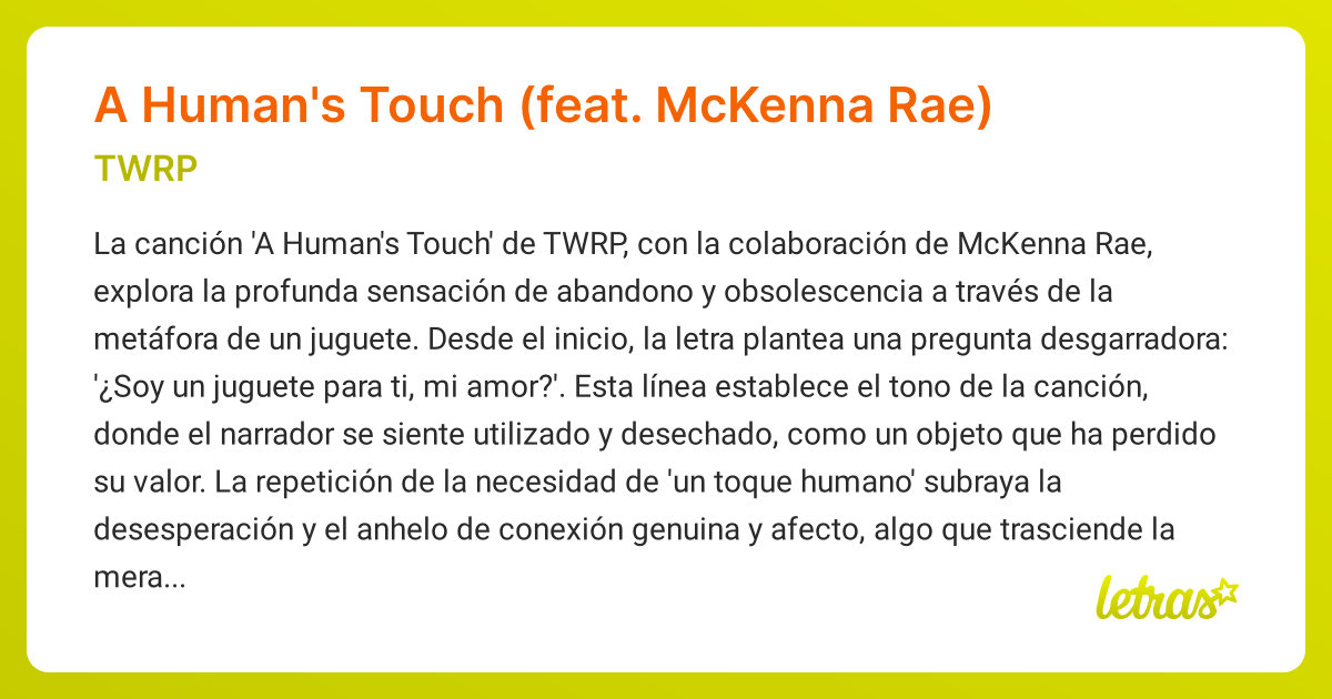 Significado de la canción A Human's Touch (feat. McKenna Rae) (TWRP ...