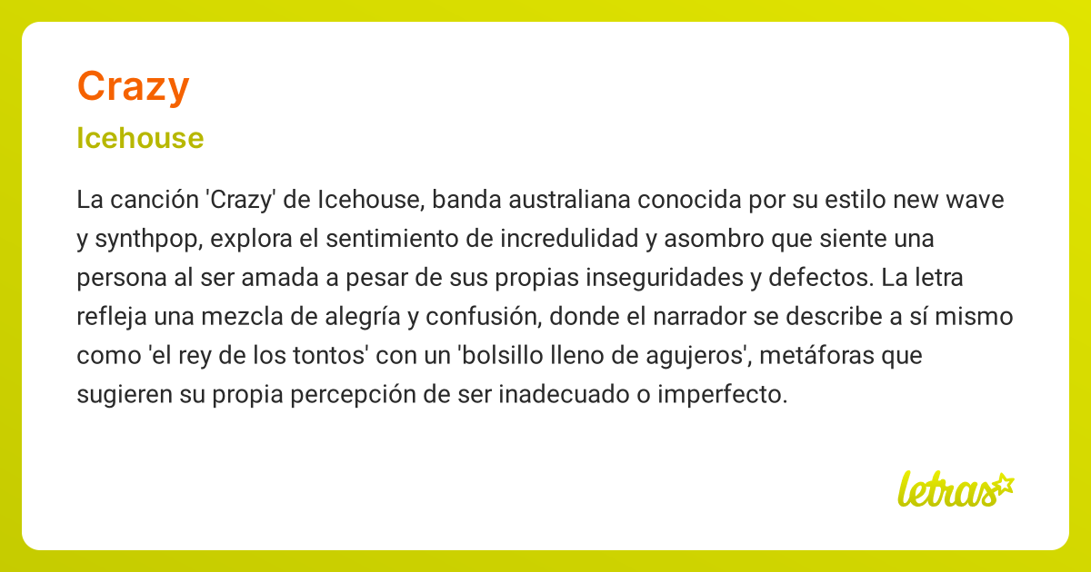 Significado de la canción CRAZY (Icehouse) - LETRAS.COM