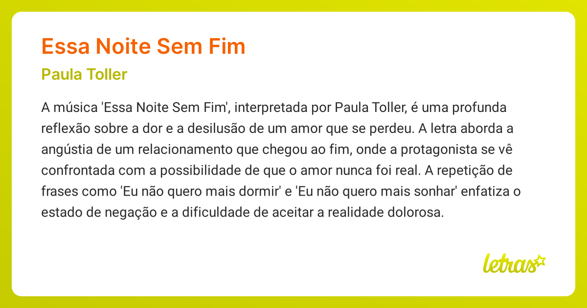 Significado da música ESSA NOITE SEM FIM (Paula Toller) - LETRAS.MUS.BR