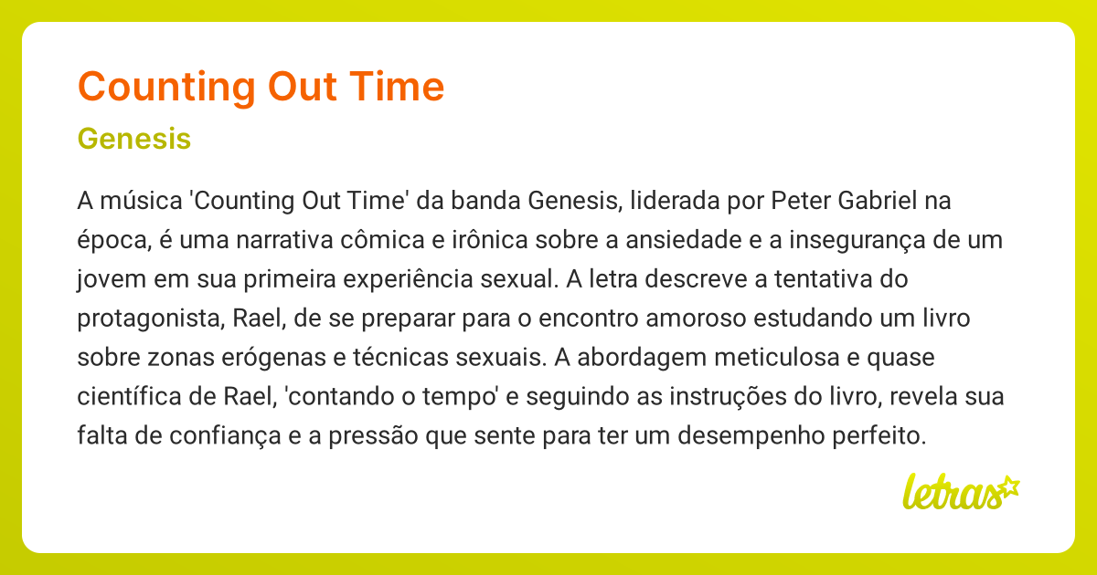 Significado da música COUNTING OUT TIME (Genesis) - LETRAS.MUS.BR