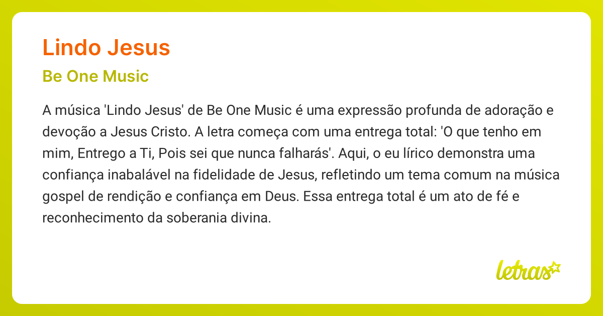 Significado da música LINDO JESUS (Be One Music) - LETRAS.MUS.BR