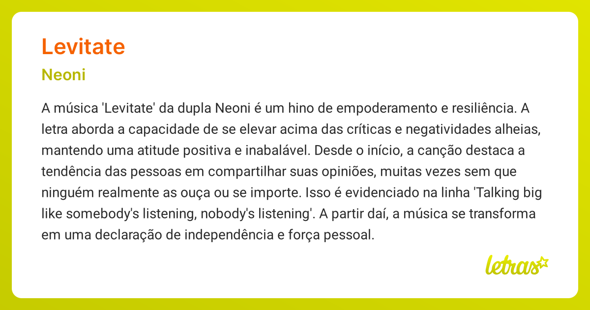 Significado da música LEVITATE (Neoni) - LETRAS.MUS.BR