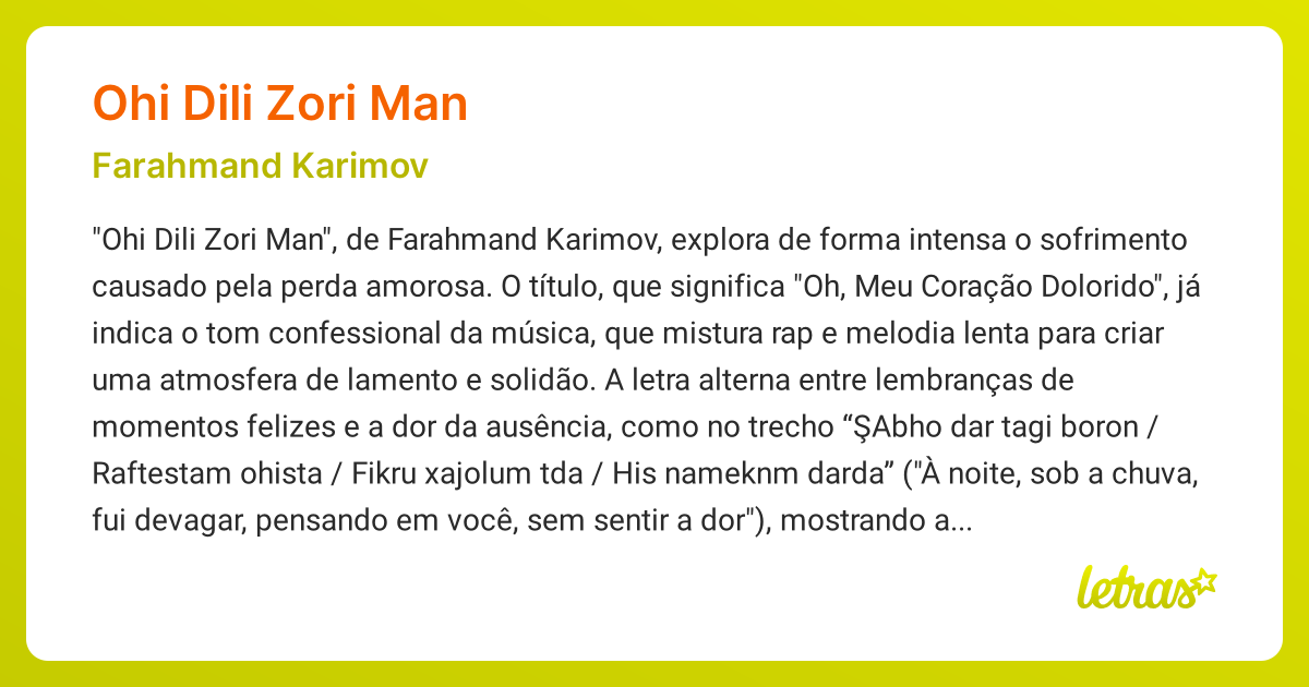 Significado da música OHI DILI ZORI MAN (Farahmand Karimov) - LETRAS.MUS.BR