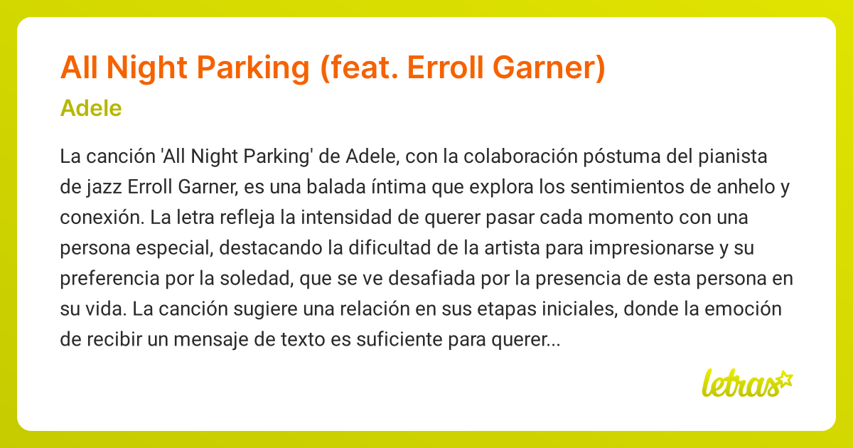 Significado de la canción All Night Parking (feat. Erroll Garner) (Adele) - LETRAS.COM