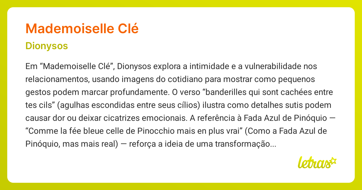 Significado da música MADEMOISELLE CLÉ (Dionysos) - LETRAS.MUS.BR