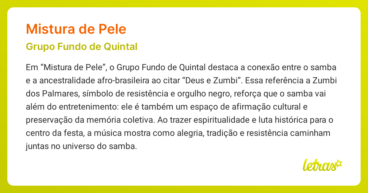 Significado da música MISTURA DE PELE (Fundo de Quintal) - LETRAS.MUS.BR