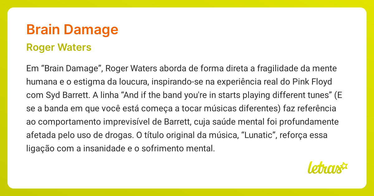 Significado da música BRAIN DAMAGE (Roger Waters) - LETRAS.MUS.BR