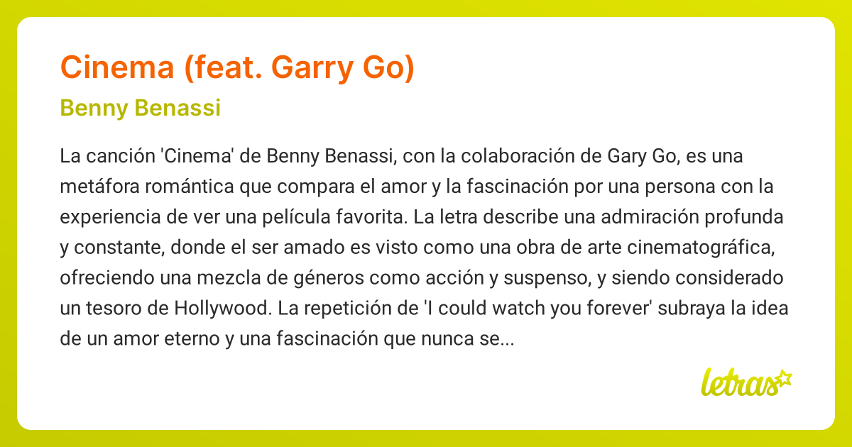 Significado de la canción CINEMA (FEAT. GARRY GO) (Benny Benassi ...