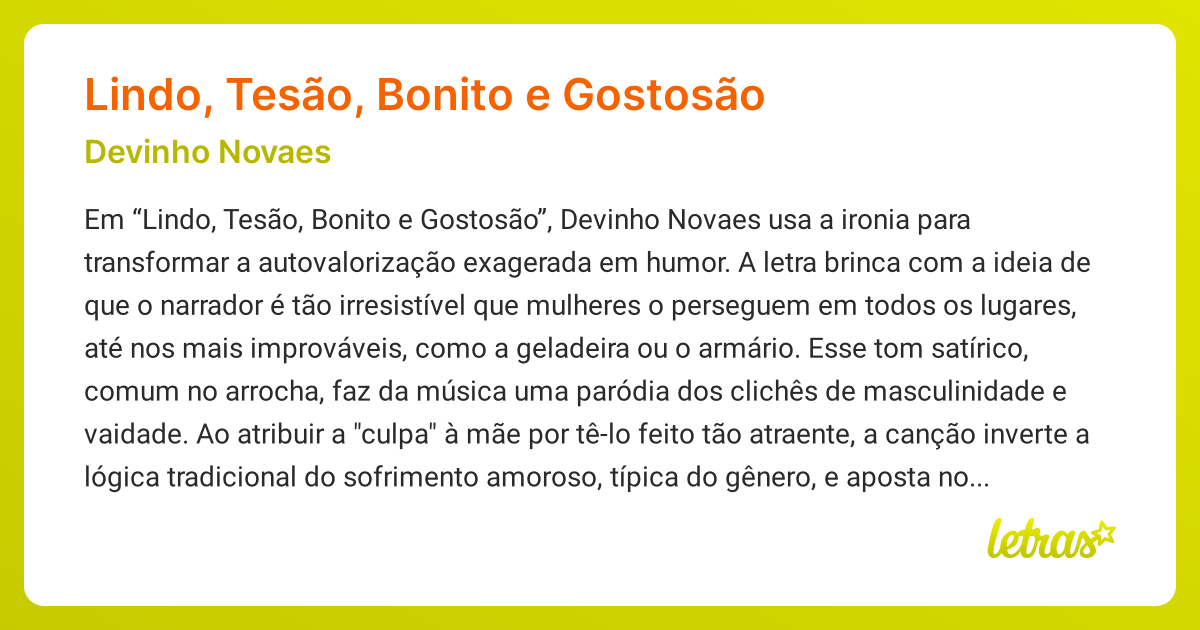Significado da música Lindo, Tesão, Bonito e Gostosão (Devinho Novaes ...