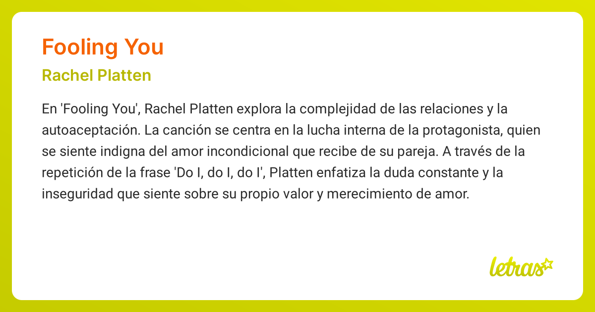 Significado de la canción FOOLING YOU (Rachel Platten) - LETRAS.COM