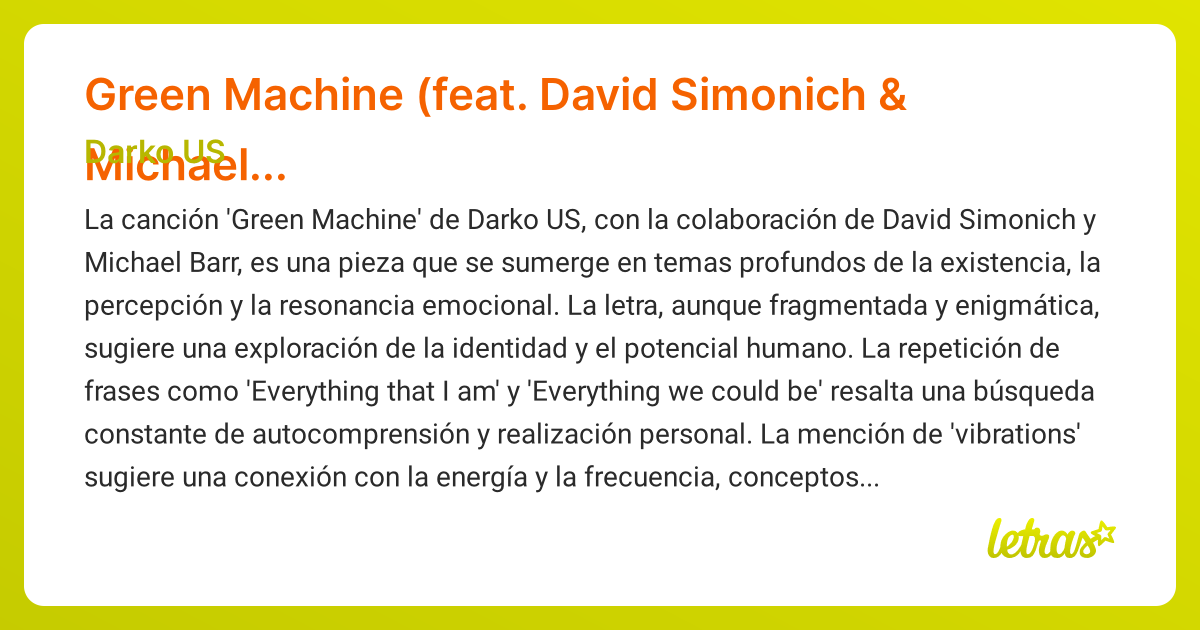 Significado de la canción Green Machine (feat. David Simonich & Michael ...