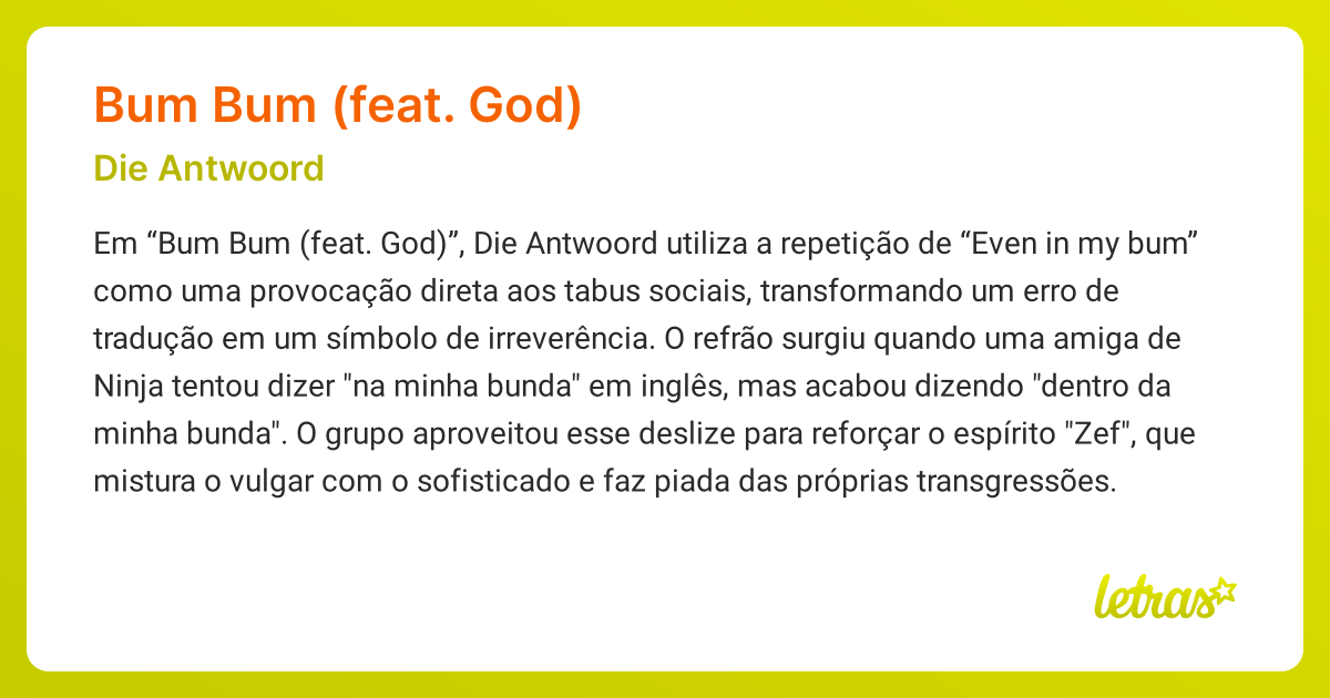 Significado da música BUM BUM (FEAT. GOD) (Die Antwoord) - LETRAS.MUS.BR