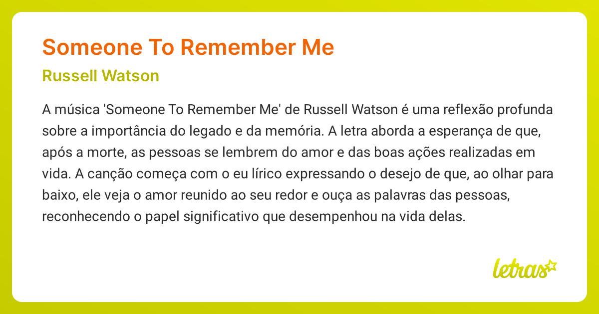 Significado da música SOMEONE TO REMEMBER ME (Russell Watson) - LETRAS ...