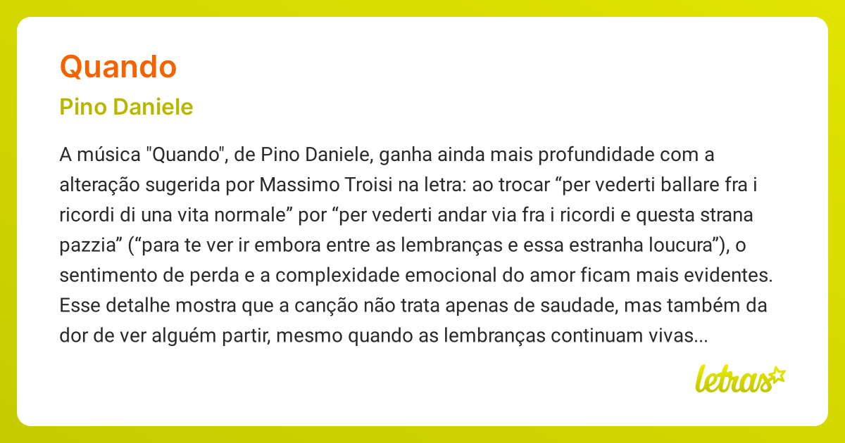 Significado da música QUANDO (Pino Daniele) - LETRAS.MUS.BR