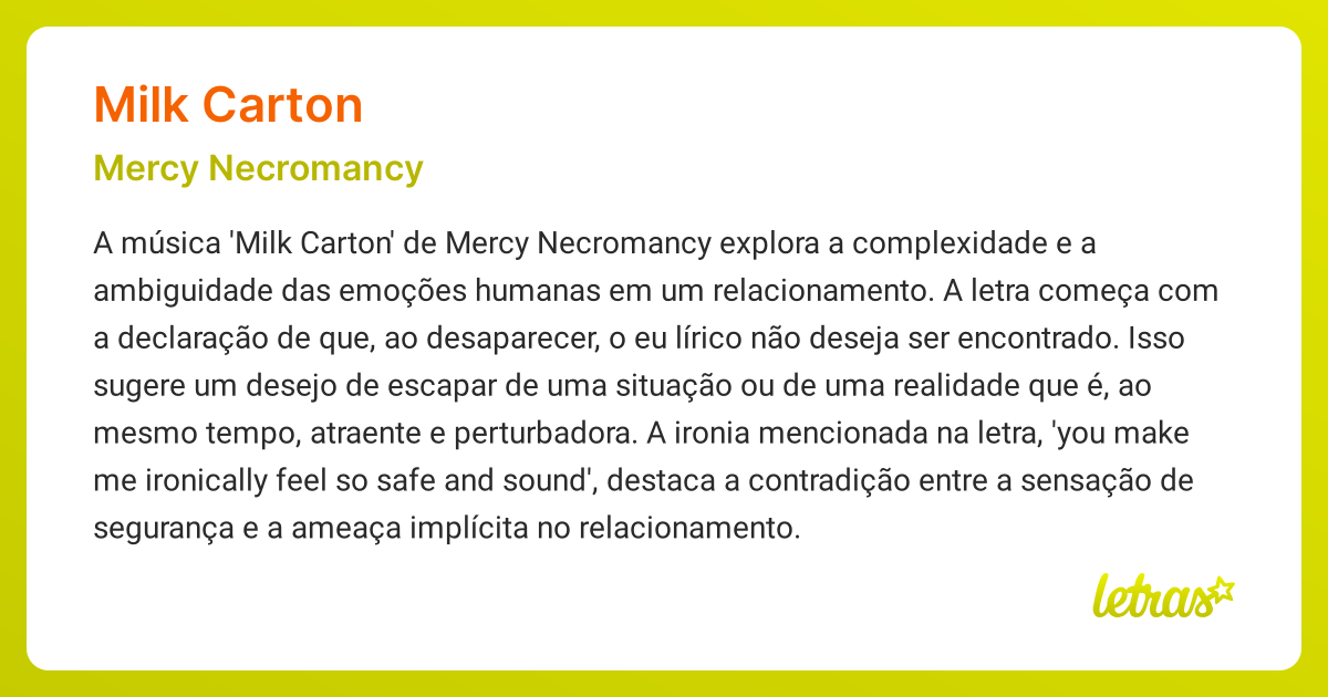Significado da música MILK CARTON (Mercy Necromancy) - LETRAS.MUS.BR