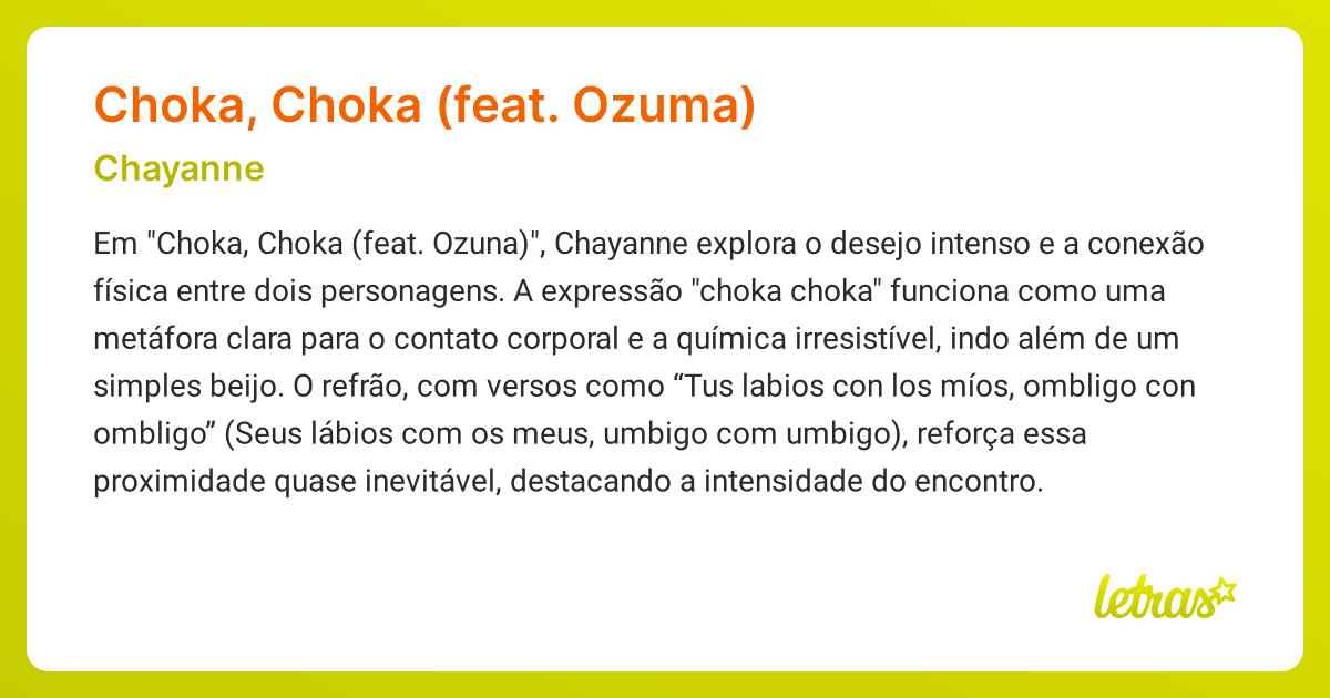 Significado da música CHOKA, CHOKA (FEAT. OZUMA) (Chayanne) - LETRAS.MUS.BR