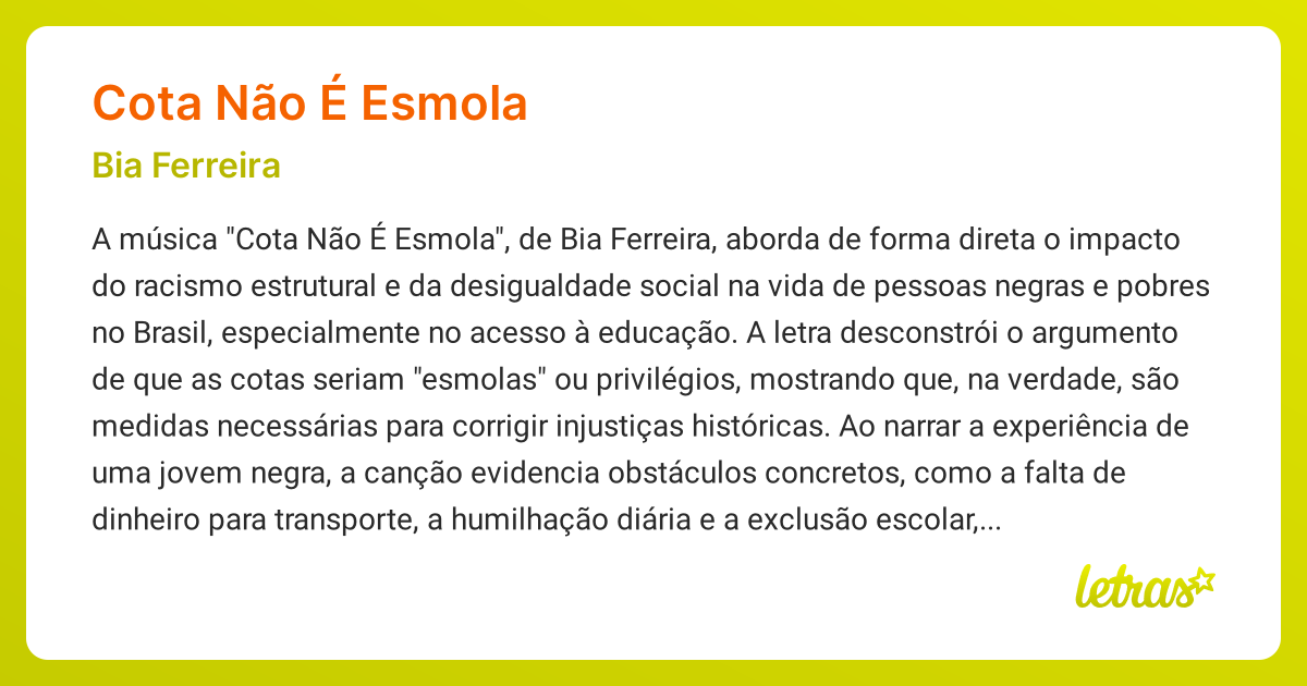 Significado da música COTA NÃO É ESMOLA (Bia Ferreira) - LETRAS.MUS.BR