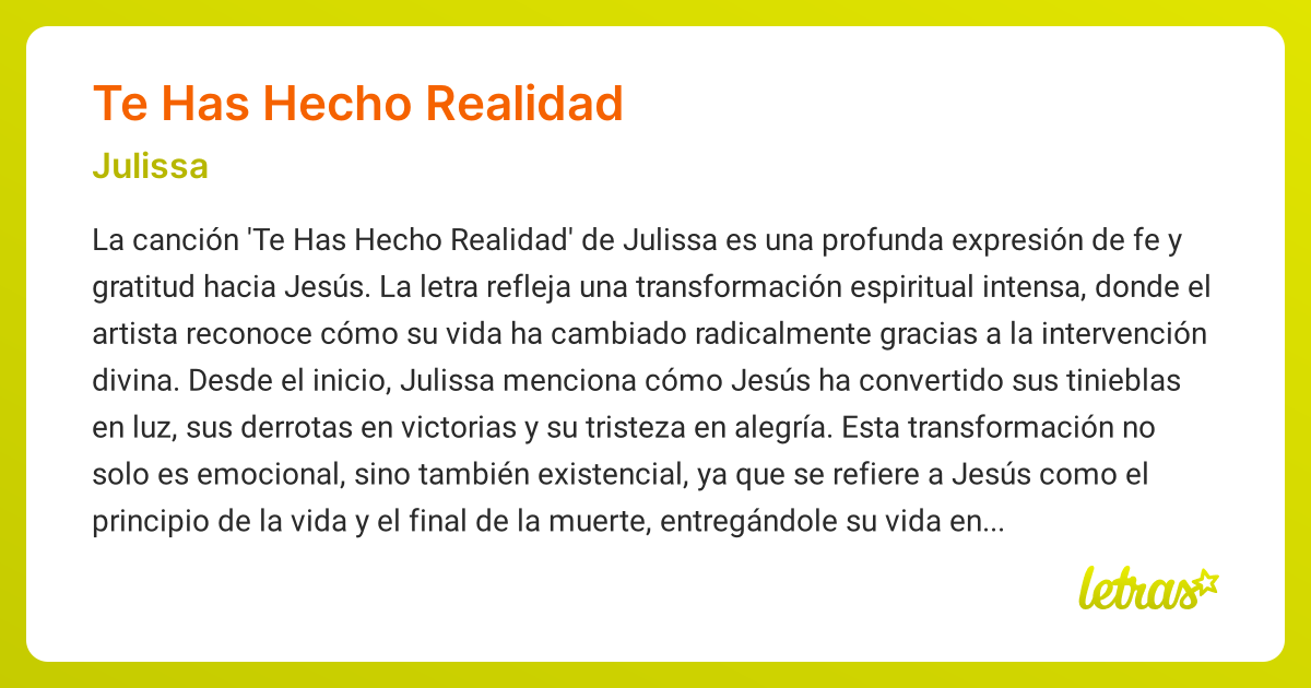 Significado de la canción TE HAS HECHO REALIDAD (Julissa) - LETRAS.COM