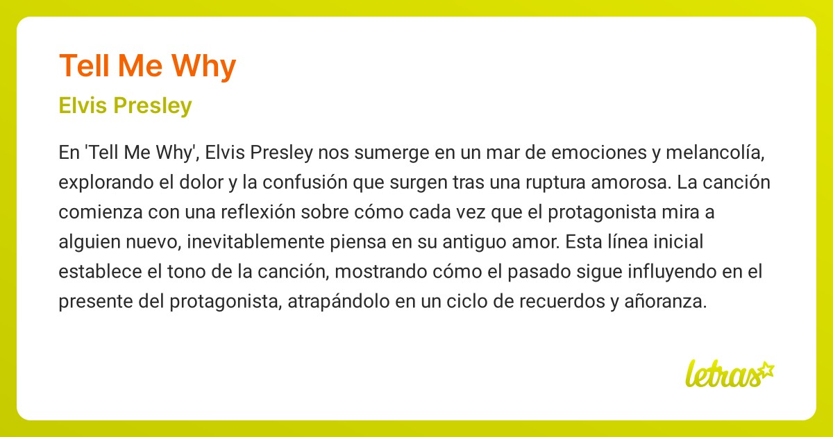 Significado de la canción TELL ME WHY (Elvis Presley) - LETRAS.COM