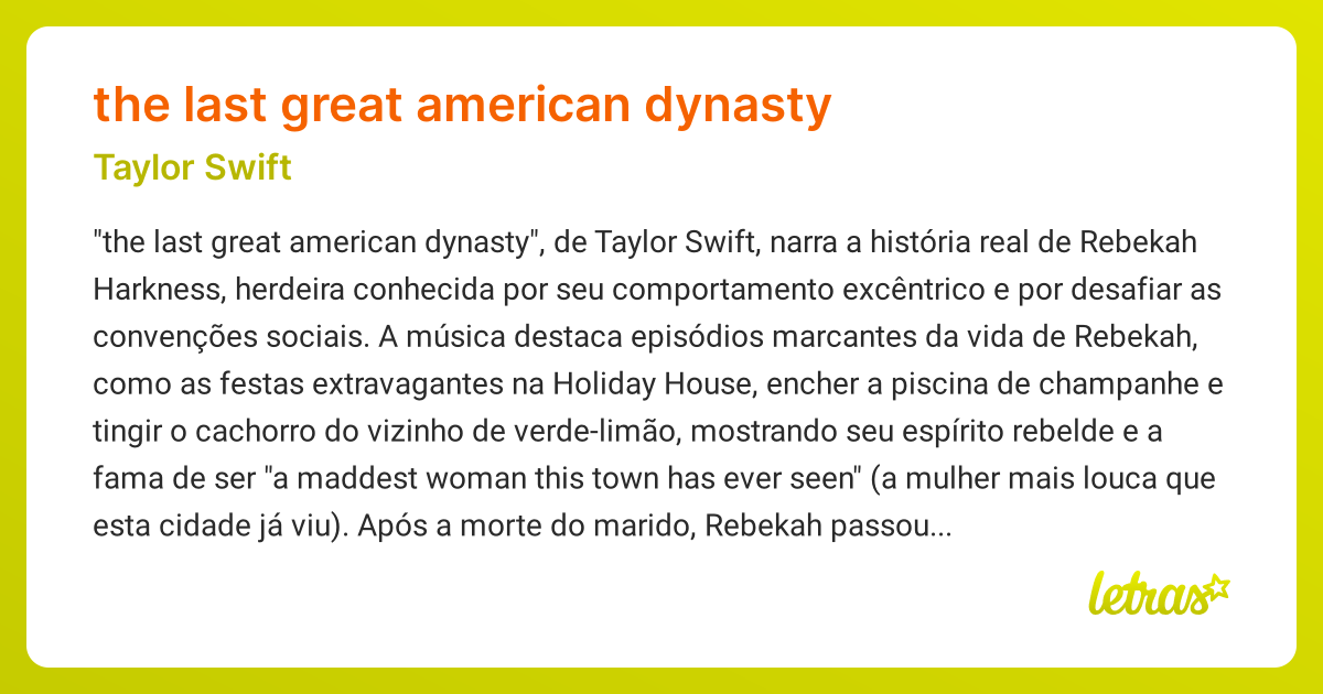 Significado da música the last great american dynasty (Taylor Swift ...