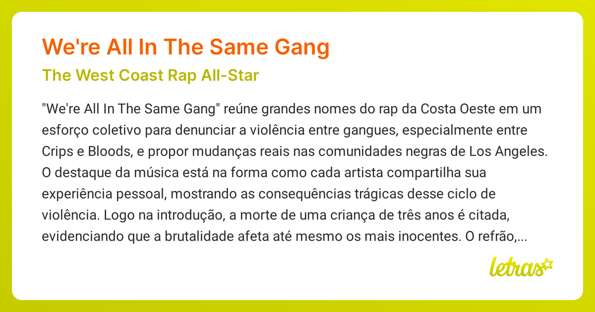 Significado da música WE'RE ALL IN THE SAME GANG (The West Coast Rap ...